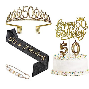 50th Birthday Decorations for Women，Gold 50 Birthday Crown Tiara ，Cake Topper, Birthday Sash with Peal Pin and Birthday Candles Kit,50th Birthday Gifts for Women