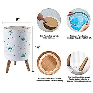 CAKOJV188 Round Trash Can with Press Lid Palm Trees and Coconuts Seamless with Polka dots Small Garbage Can Trash Bin Dog-Proof Trash Can Wooden Legs Waste Bin Wastebasket 7L/1.8 Gallon