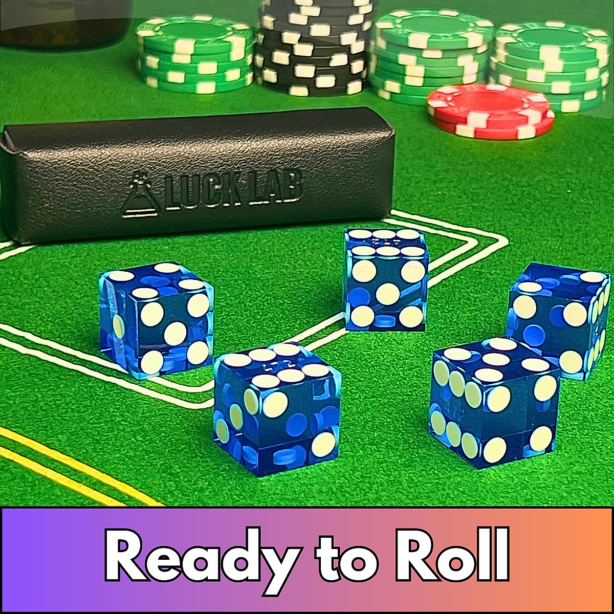 Luck Lab Grade AAA 19mm Casino Dice with Razor Edges and Matching Serial Numbers Set of 5 and Leather Dice Case, Blue