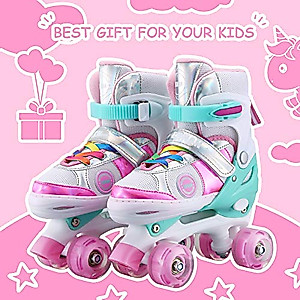 Kids Adjustable Roller Skates for Girls Boys Beginner, 4 Size Adjustable Roller Skates with Light Up Wheels and Colorful Shoelaces (Colorful Pink, Medium(2-5))