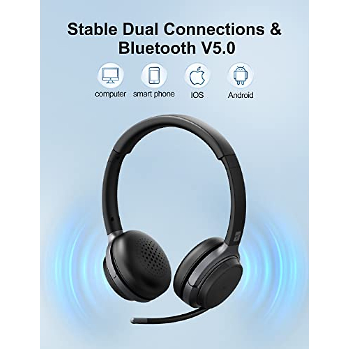 TZS Wireless Headset for Laptop, Bluetooth Headphone with Detachable Boom Mic, On Ear Headphones Noise Cancelling with Mute Function & 26H Talk Time for Home/Office Compatible with iOS and Android
