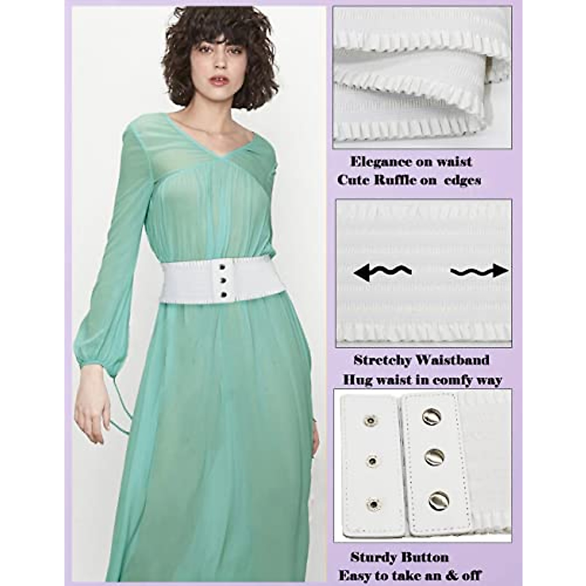 ALAIX Women's Wide Belt Stretchy Dress Belts Elastic Snap-Button Corset Belts for Women Waist Belt Waistband White(Fits 33~37 inches)
