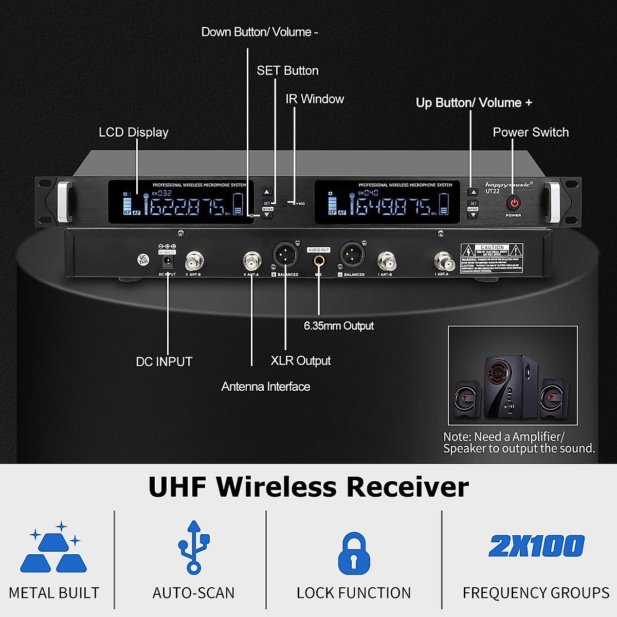 happymusic Professional UHF Wireless Microphone System, 2 Channel Metal Microphone Set of 2 Handheld Cordless Mics, Auto Scan, Up to 350ft for Singing, Home Karaoke, Church, Wedding (UT22)