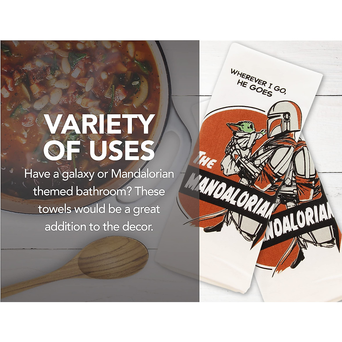 Disney Star Wars The Mandalorian 100% Cotton Kitchen Towels – Set of 2 Towels – Perfect for Drying Dishes and Hands – Machine Washable Kitchen Towel Set – 16" x 26" – Wherever He Goes, I Go