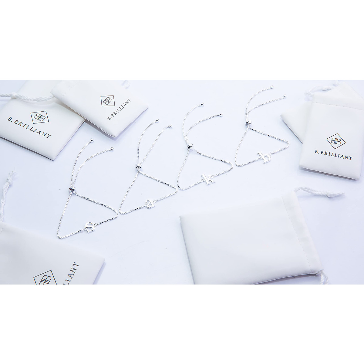 B. BRILLIANT K Initial Bracelet for Women Sterling Silver Letter Alphabet Name Personalized 925 Silver Adjustable Bracelets