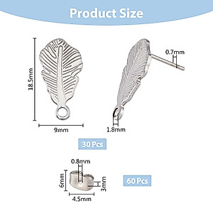 DICOSMETIC 30Pcs Leaf Stud Earrings Ear Stud Post Leaf Pad Nature-Inspired Ear Studs Earring Posts with Hole 1.8mm Stainless Steel Studs Findings with 60Pcs Ear Nut for Earring Making