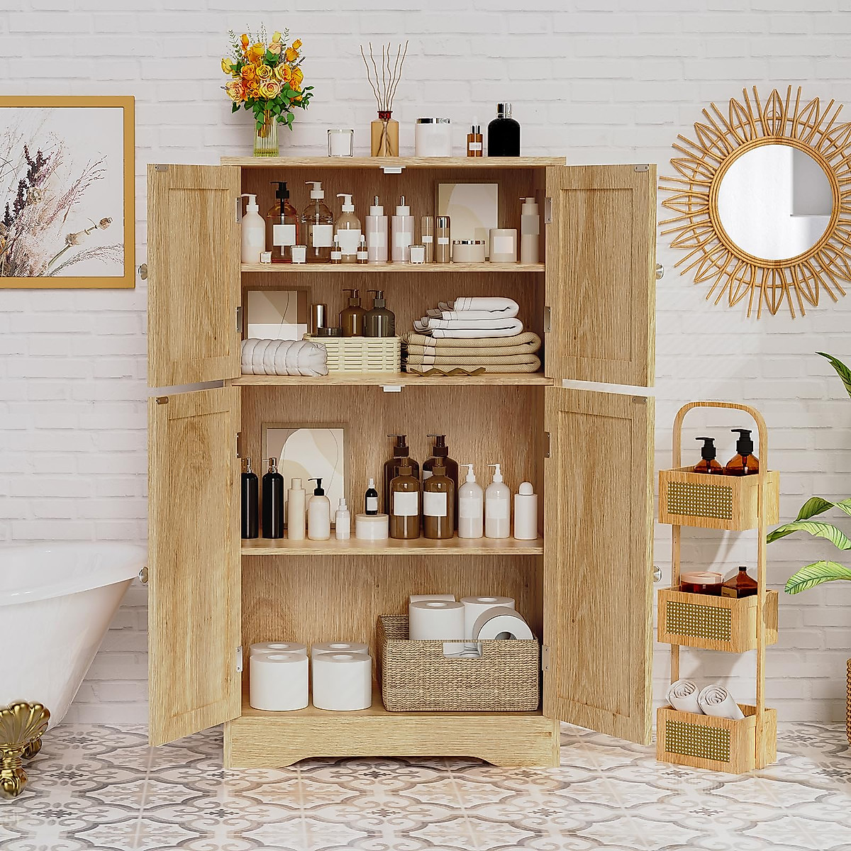 Iwell Storage Cabinet, Rattan Cabinet with 4 Rattan Doors & Adjustable Shelf, Bathroom Floor Cabinet for Living Room, Entryway, Home Office, Natural