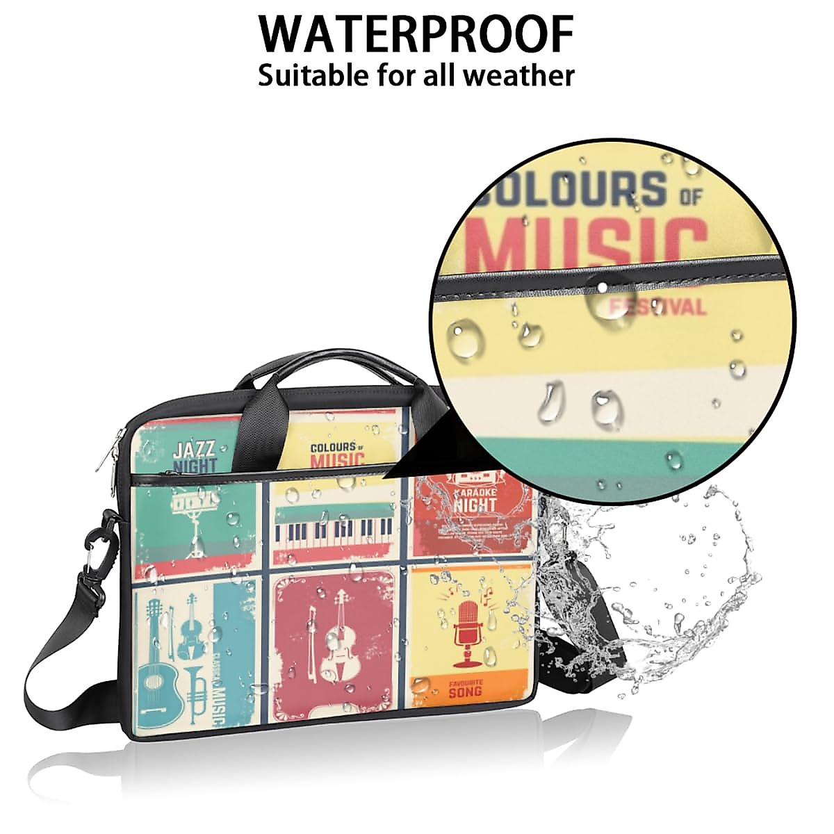 Music Type Laptop Computer Bag Waterproof Shoulder Messenger Bag 13-15 inch Durable Laptop Tote Bag with Shoulder Strap Handle Lightweight Crossbody Briefcase