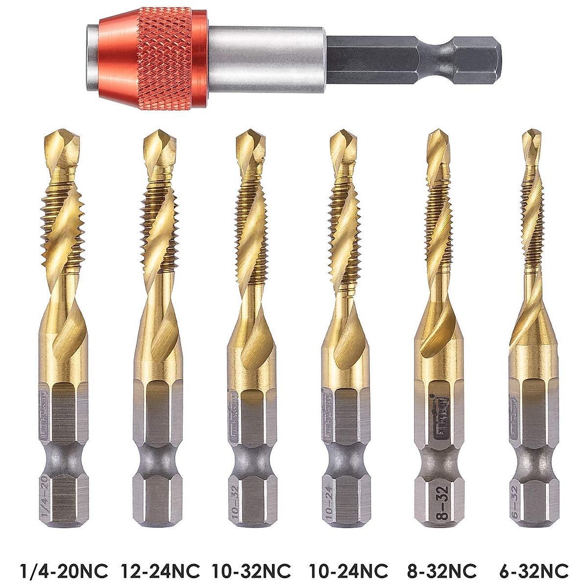 Luckyway 7-Piece Combination Drill and Tap Bits with Quick-Change Adapter, 3-in-1 Titanium Coated Screw Tapping Bit Tool for Drilling, Tapping, Countersinking
