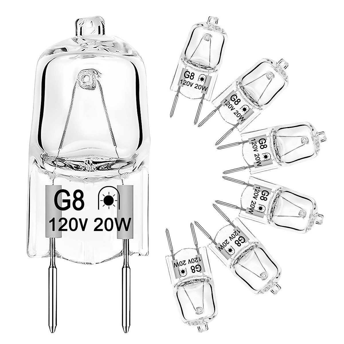 G8 Halogen Bulb 20W 120V T4 JCD Type G8 Base Bi-Pin Xenon Light Bulbs, Dimmable with Long Lasting Lifespan, G8 Halogen Light Bulbs for Under Cabinet Puck Lighting Replacements, Warm White, 6 Packs