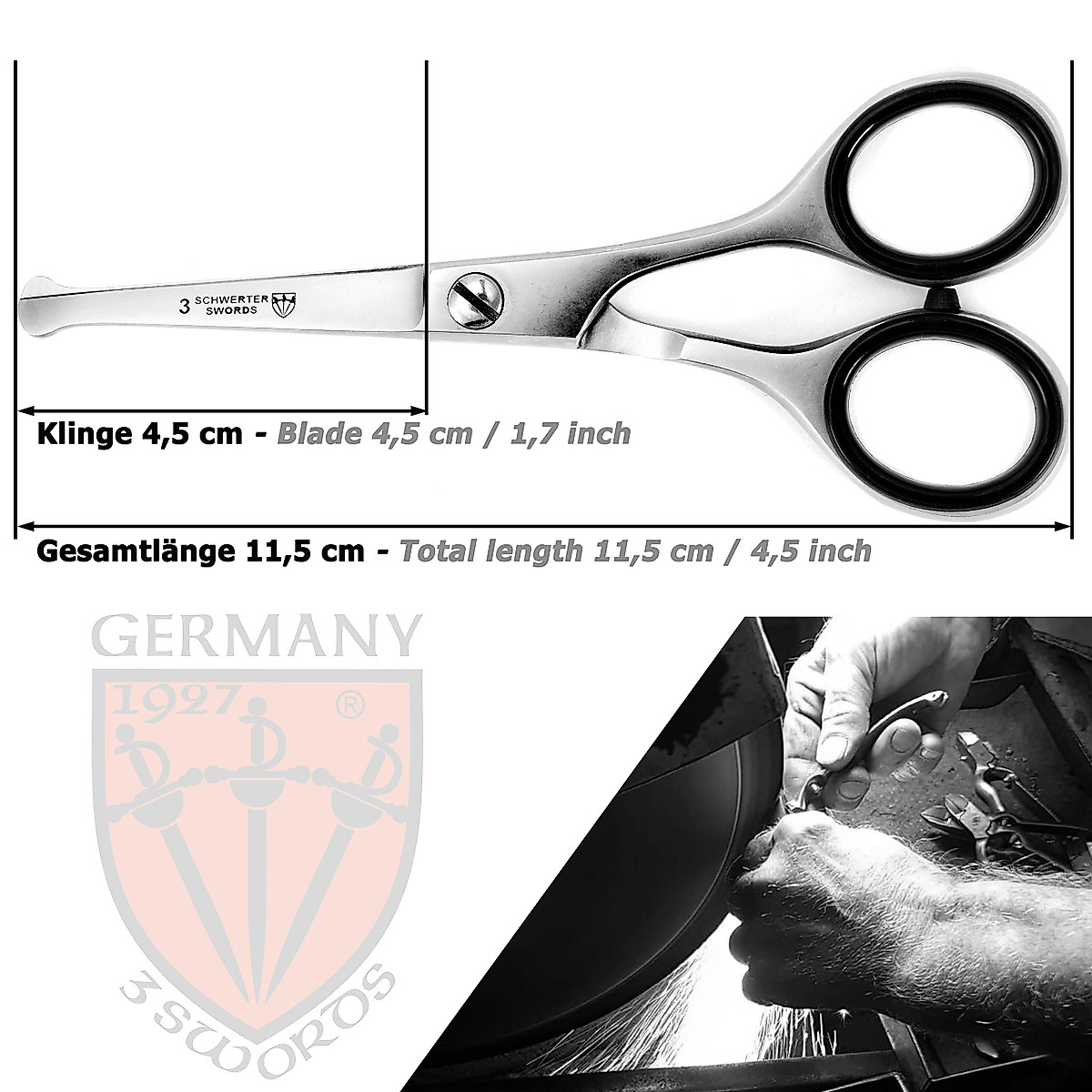 3 Swords Germany – professional NOSTRIL NOSE and EAR HAIR SCISSORS trimmer, stainless steel, straight blade rounded tip with black case for men and women