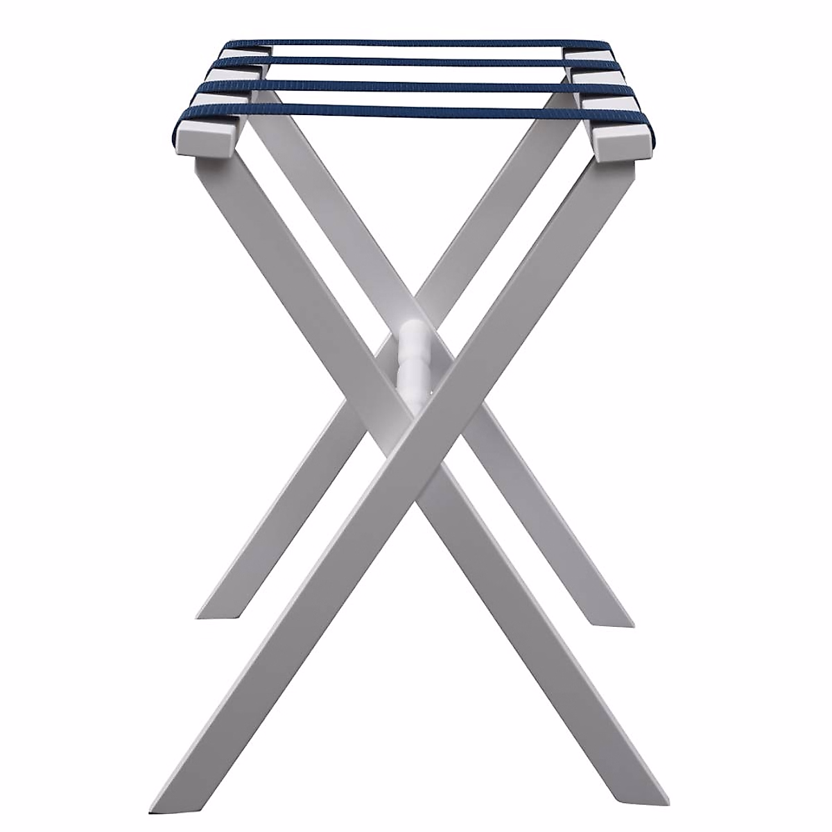 Gate House Furniture White Wood Folding Luggage Rack with Straight Legs and 4 Navy Straps