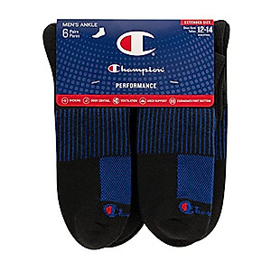 Champion Men's, Performance Ankle Socks, 6-Pack, Black-6 Pack, 6-12