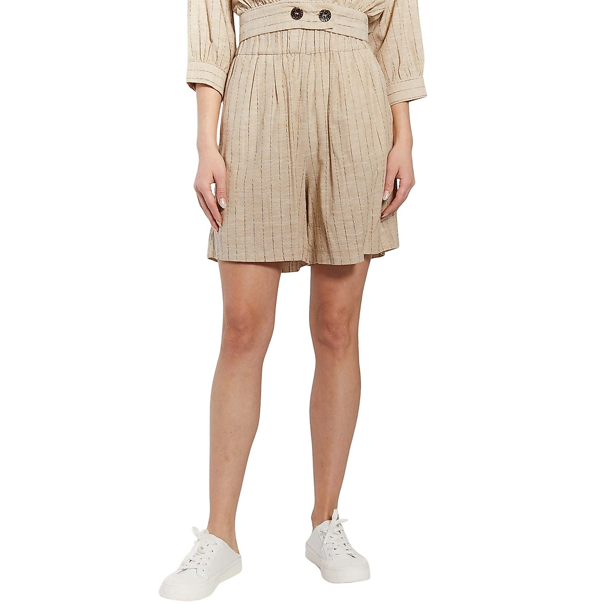 O A T NEW YORK Women's High Rise Pull On Bermuda Shorts with Elastic Waistband and Functional Pockets, Beige/Brown Stripe, Large