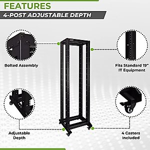 NavePoint 42U 4 Post Server Rack – Open Frame Rack for 19 Inch Equipment, Adjustable Depth 4-Post Network Rack Floor Mount, 42U Server Rack 793lbs Capacity, Black