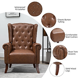 MOJAY Mid-Century PU Leather Accent Chair, Living Room Lounge Sofa Chair with Buttons, Single Club Armchair with Rivet Trim for Bedroom Home Reception (Brown)
