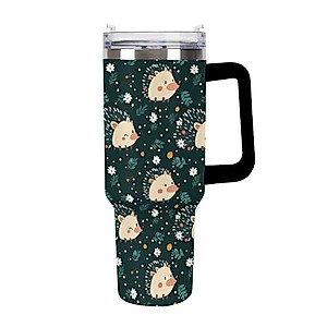 Cute Hedgehogs Flowers Tumbler with Handle Travel Mug Water Bottle Tea Coffee Cup Black-style
