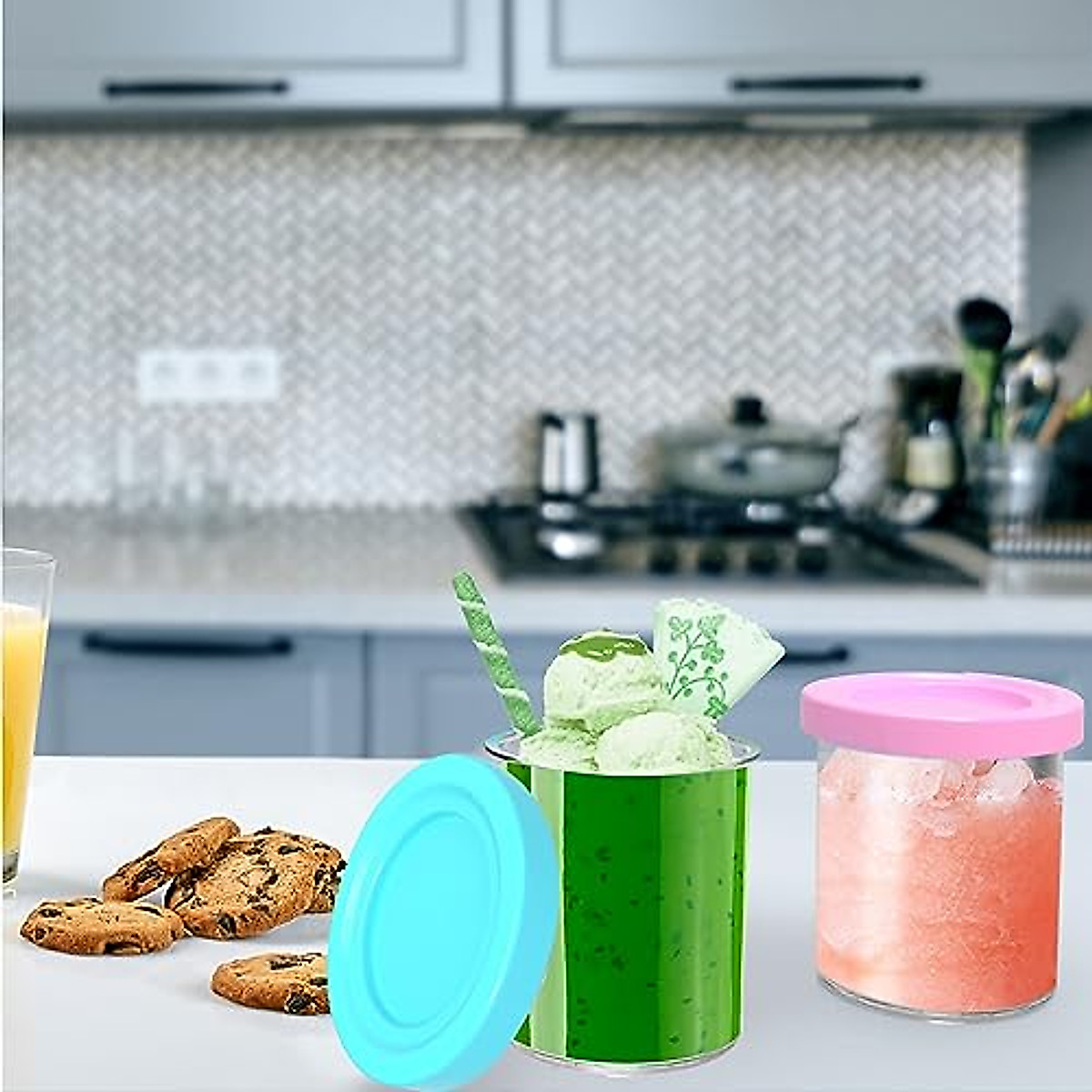 Aooba Extras Containers 16oz, Replacement for Ninja Creami Pints And Lids, Compatible with NC299AMZ NC301 NC300 Series, BPA Free & Dishwasher Safe Leak Proof (Pink/Blue)