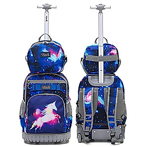 NEW TILAMI 18 Inch Rolling Backpack with Lunch Bag Wheeled Laptop Kids Backpack School Bags Trip Luggage, Deep Space