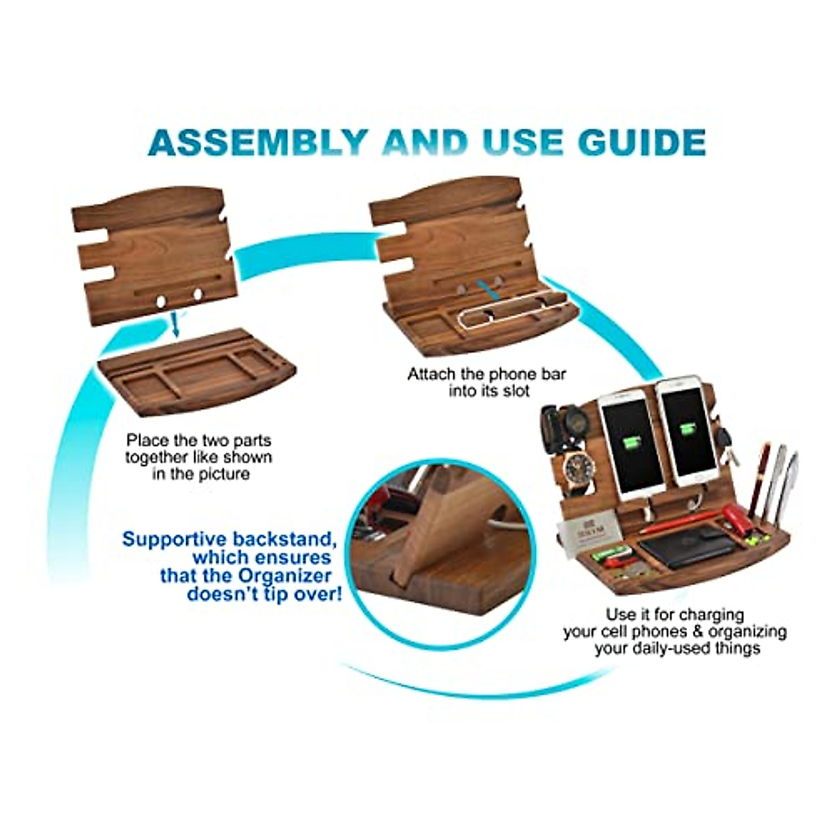 TESLYAR Natural Walnut Wood Phone Docking Station Phone Key Holder Wallet Stand Watch Organizer Men Husband Wife Anniversary Dad Birthday Nightstand Purse Father Graduation