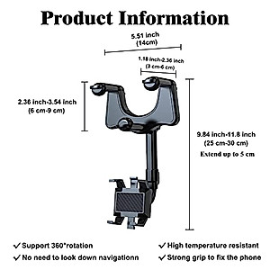 TOGETDREAM Car Rear View Phone Holder Mount, 360°Rotatable Retractable Rearview Mirror Phone Holder for Car, GPS Holder Car Phone, Compatible with iPhone, Samsung, Moto, Huawei, Nokia, LG