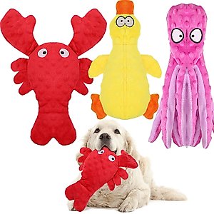Jenaai 3 Pack Dog Squeaky Toys Bulk Large Plush Stuffed Dog Toys Durable Chew Toys Set for Teething Pets Interactive Playing Toys Octopus Lobster Duck Pet Toys for Small Medium Dog Puppy