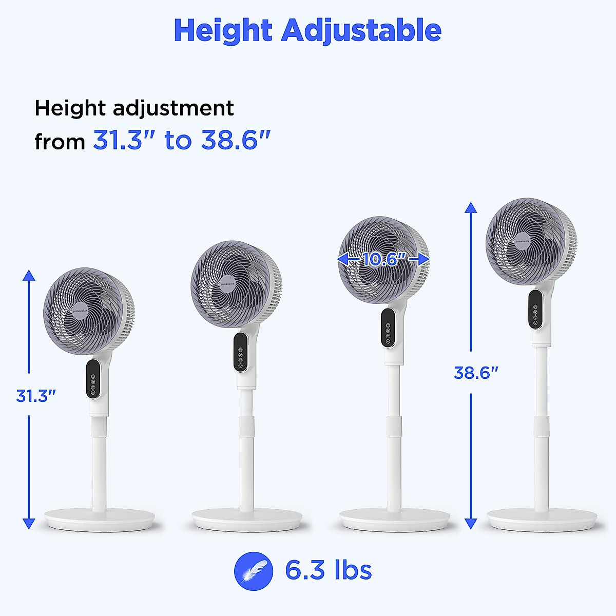 Primevolve 10.6 inch Oscillating Fan for Bedroom, Air Circulator Fan with 6 Speeds Powerful Airflow, Height Adjustable for Cooling Room, Office, Kitchen, White