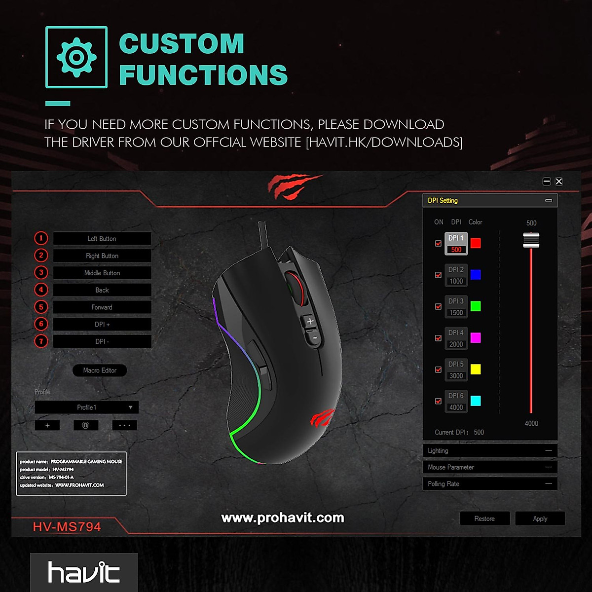 HAVIT Programmable Gaming Mouse 4000DPI 7 Buttons RGB Backlit Wired Optical for Laptop, PC & Computer, MS794 (Black)