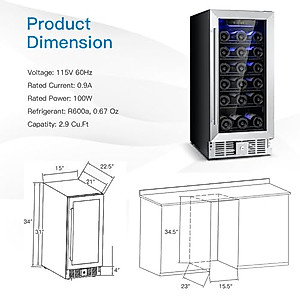 33 Bottle Evolution Series Wine Cooler, 20 Inch Wine Refrigerator for 33 Bottles and Tempered Glass Door，Small Refrigerator for Beverage Storage (33-bottles)