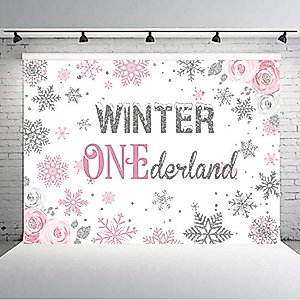 Aperturee 7x5ft Winter Onederland Backdrop, Newborn Baby Girl's First 1st Christmas Birthday Snowflake Background Photography Holiday Pink Silver Party Decoration Photo Booth Candy Table Decor Banner