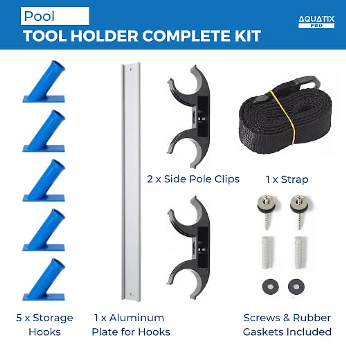 Aquatix Pro Pool Accessory Holder, Hanger & Organizer, Complete Kit, 110lbs Holding Power, Best for Swimming Pool Pole, Brush, Skimmer & Vacuum Head, Caddy for all Accessories & Attachments, Rustproof