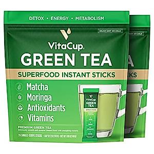 VitaCup Green Tea Instant Packets, Enhance Energy & Detox with Matcha, Moringa, B Vitamins, D3, Fiber, Keto, Paleo, Vegan in Tea Powder Single Serving Sticks, 48 Ct