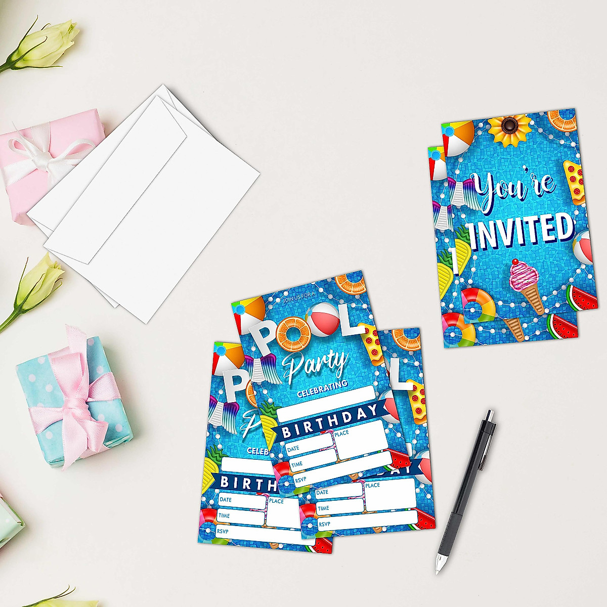 TIRYWT Pool Party Birthday Invitations with Envelopes(20-Pack), 4"x6" Fill-In Style Summer Swimming Pool Birthday Party Invites -A01