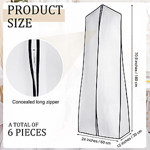 Woanger 6 Pcs 70.9" x 24" x 12" Bridal Wedding Gown Dress Garment Bag for Travel Large Garment Covers Hanging Foldable Non Woven Wedding Dress Bag for Storage Zipped Long Dress Cover (White)