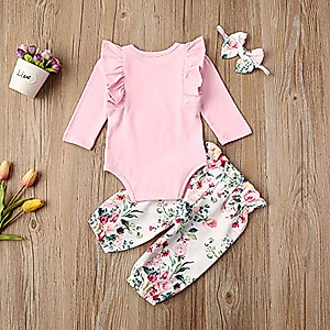 Newborn Baby Girls Easter Outfit Long Sleeve Bunny Print Romper + Floral Pants + Bow Headband 3pcs Set (Light Pink, 6-12m)