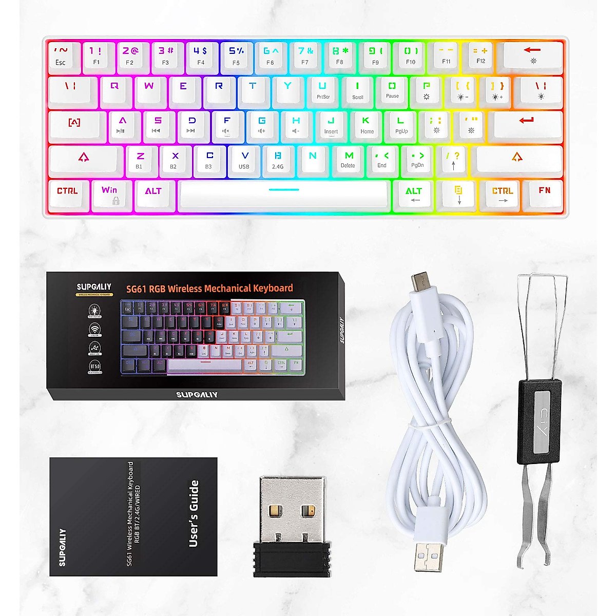 SUPGALIY 60% Mechanical Keyboard Wireless 2.4G/Bluetooth 5.0/Wired Gaming Keyboard 3000mAh 61 Keys RGB Backlit Portable Mini Keyboard for Windows, Mac, Android, iOS (Hot Swappable Blue Switch, White)
