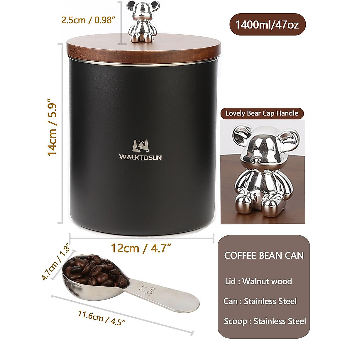 Walktosun Coffee Canisters Airtight Food Storage Container with Wooden Lid Seal Coffee Canisters Stainless Steel Jar with Scoop for Tea, Brown Sugar, Flour (1400ML,Black With Spoon)