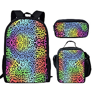Howilath Leopard Rainbow Teenager Girls Backpack Canvas Rucksack School Book Bag with Pencil Case Lunchbox, Cheetah Spot 17 Inch Backpack for Kids Teen Girls School Student Bookbag Set