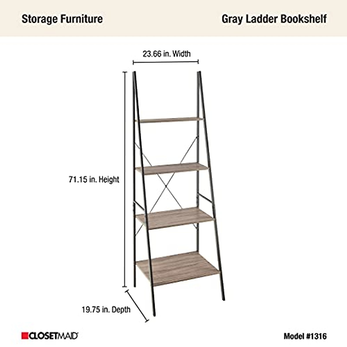 ClosetMaid 1316 4-Tier Wood Ladder Shelf Bookcase, Gray