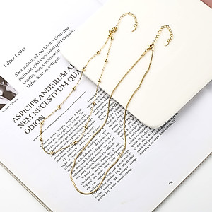 Awvialy Layered Gold Necklaces for Women 14k Gold Plated Beaded Herringbone Necklace Simple Layering Gold Chain Choker Necklaces for Women Cute Dainty Gold Necklace Trendy Gold Jewelry for Women