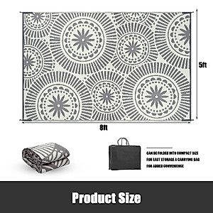 Ileading Reversible Plastic Outdoor Rug Modern Geometric Style Straw Mat, Waterproof Patios Carpet 5x8ft Non Shedding Portable Decor Area Rugs for Deck RV Picnic Beach Backyard (5' x 8'Grey)