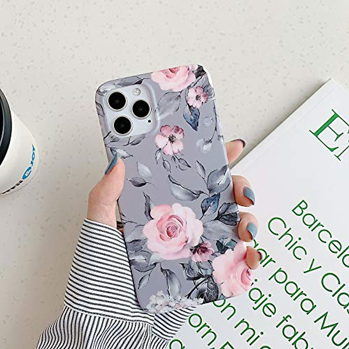 YeLoveHaw Designed for iPhone 14 Pro Case for Women Girls, Soft Slim Full-Around Protective Cute Case, Floral & Purple Gray Leaves Pattern, Compatible with iPhone 14Pro 2022 6.1'' (Pink Flowers)