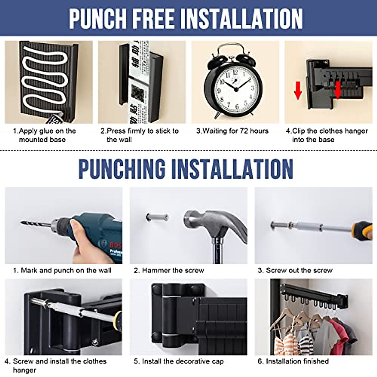 MIFXIN Retractable Clothes Drying Rack Laundry Wall Mounted Two-Fold Drying Rack Collapsible Clothes Hanger Folding Clothing Rack for Laundry Balcony (Black)