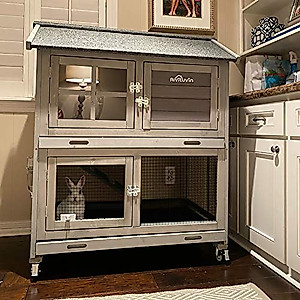 Aivituvin Rabbit Hutch Outdoor Large, Rabbit Cage Indoor Bunny Hutch Bunny Cage with Wheels -Upgrade Removable Wire Rack