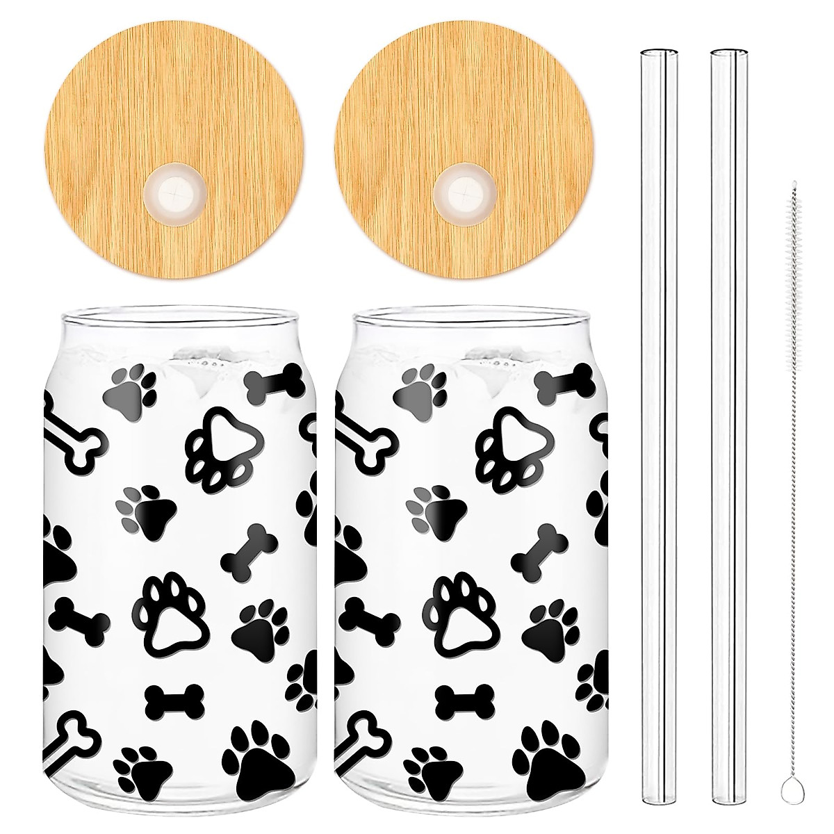 Whaline Dog Paw Ice Coffee Cup 16oz Black White Pet Paw Bone Glasses Cup with Bamboo Lids Glass Straw Cleaning Brushes Cute Drinking Glasses for Cocktails Whiskey Beer Soda Gifts, 2Pcs