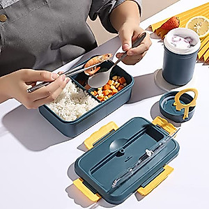 Jossens Bento Box Set,1100ML Leakproof Lunch Box Kit With Utensils,Breakfast Cup and Lunch Bag,3 Compartment Microwave Lunch Containers,BPA Free(Blue)