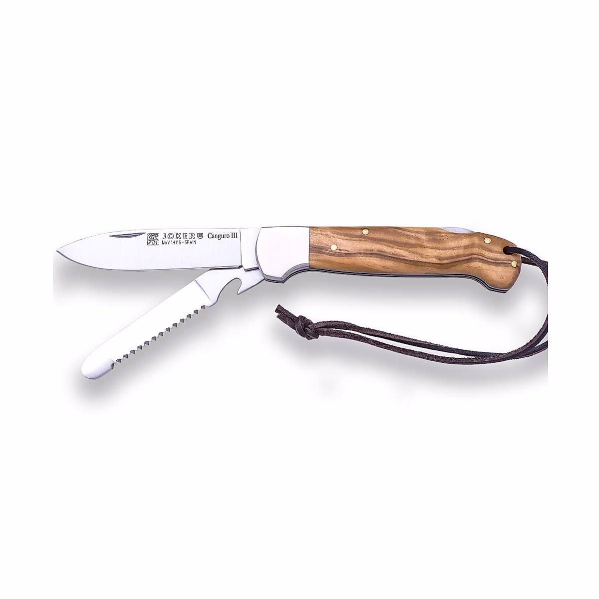 Joker Multifunction Pocket Knife Canguro III NO136, MOVA 3.14 inches Stainless Steel Blade, with Saw and Bottle Opener, Olive Wood Handle, Fishing Tool, Hunting, Camping and Hiking.