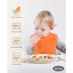 BRVTOT Newest Suction Plates for Baby & Toddler, 100% Food Grade Silicone Baby Plates with Spoon Set BPA Free, Feeding Divided Toddler Plate with Utensils for Led Weaning, Microwave & Dishwasher Safe