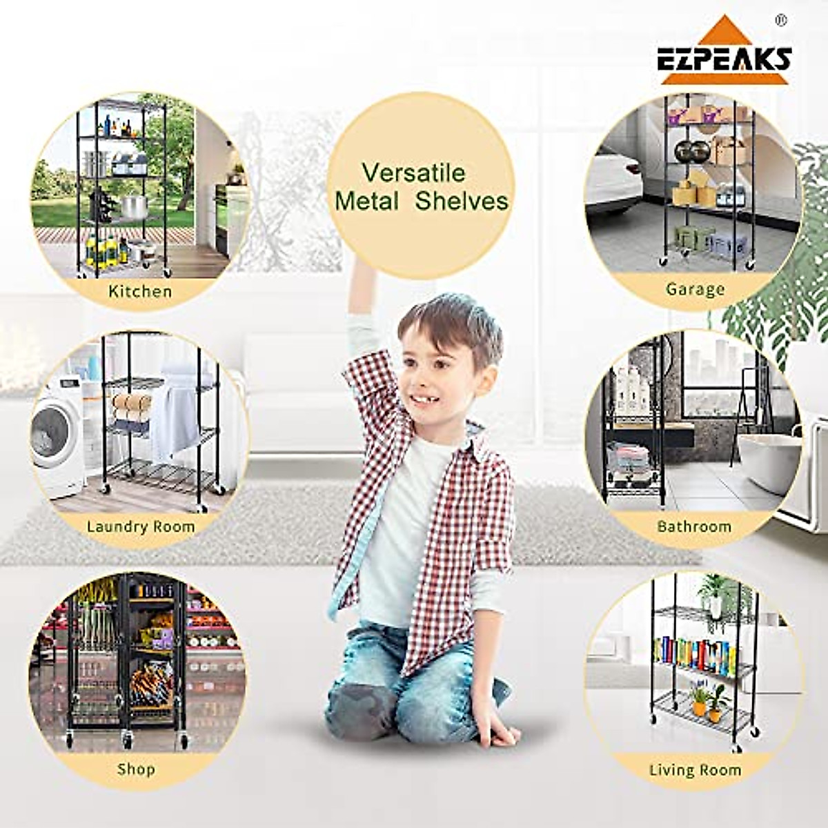 EZPEAKS 5-Shelf Shelving Units and Storage on 3'' Wheels with Shelf Liners Set of 5, NSF Certified, Adjustable Heavy Duty Carbon Steel Wire Shelving Unit (30W x 14D x 63.7H) Pole Diameter 1 Inch