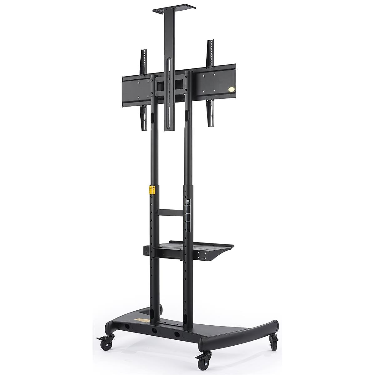 Displays2go Commercial Flat Screen TV Holder, Locking Wheels, Media Shelf, Aluminum Construction – Black (EM6580BK)